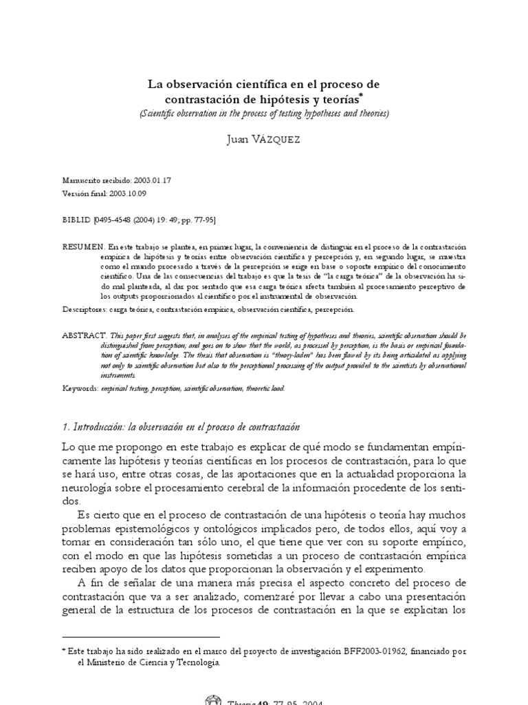 La Observación Científica en El Proceso de Contrastación de Hipótesis y ...