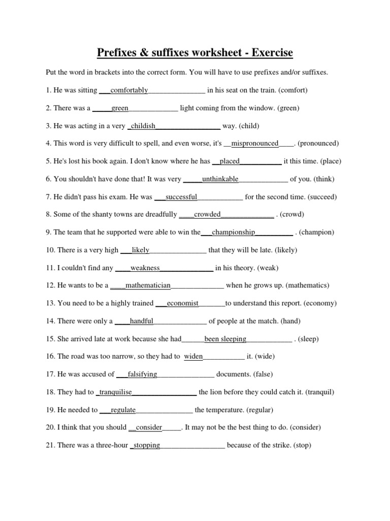 Prefixes and Suffixes Exercise Worksheet | PDF | Cognition