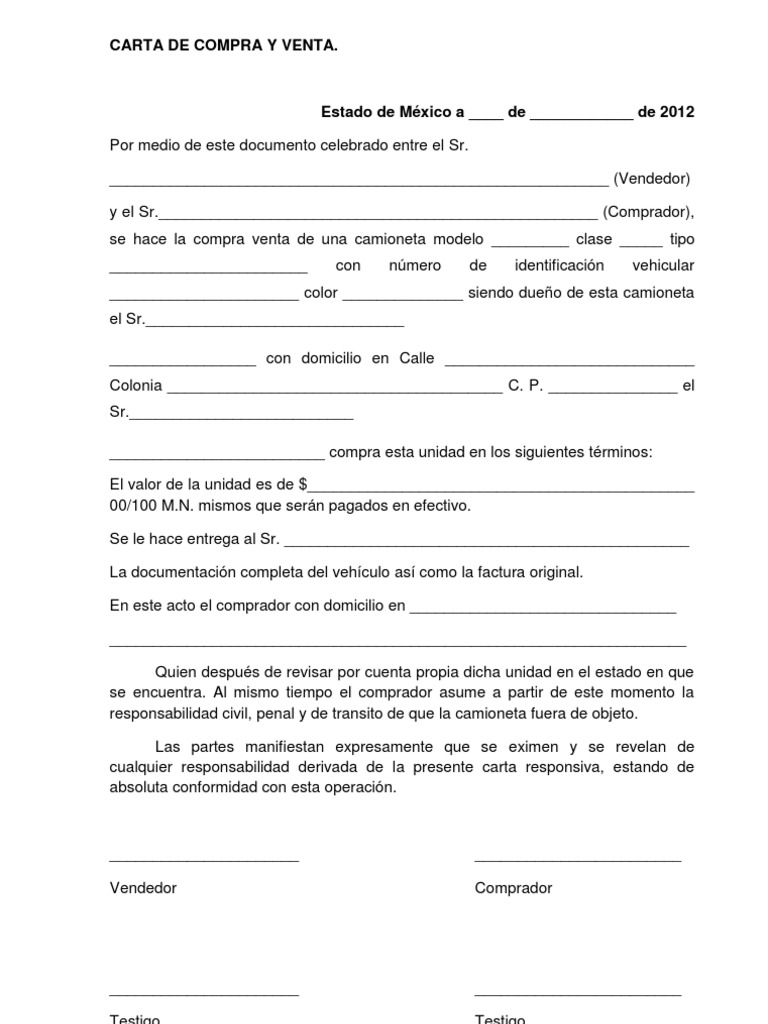 Carta de Compra-Venta de Camioneta | PDF
