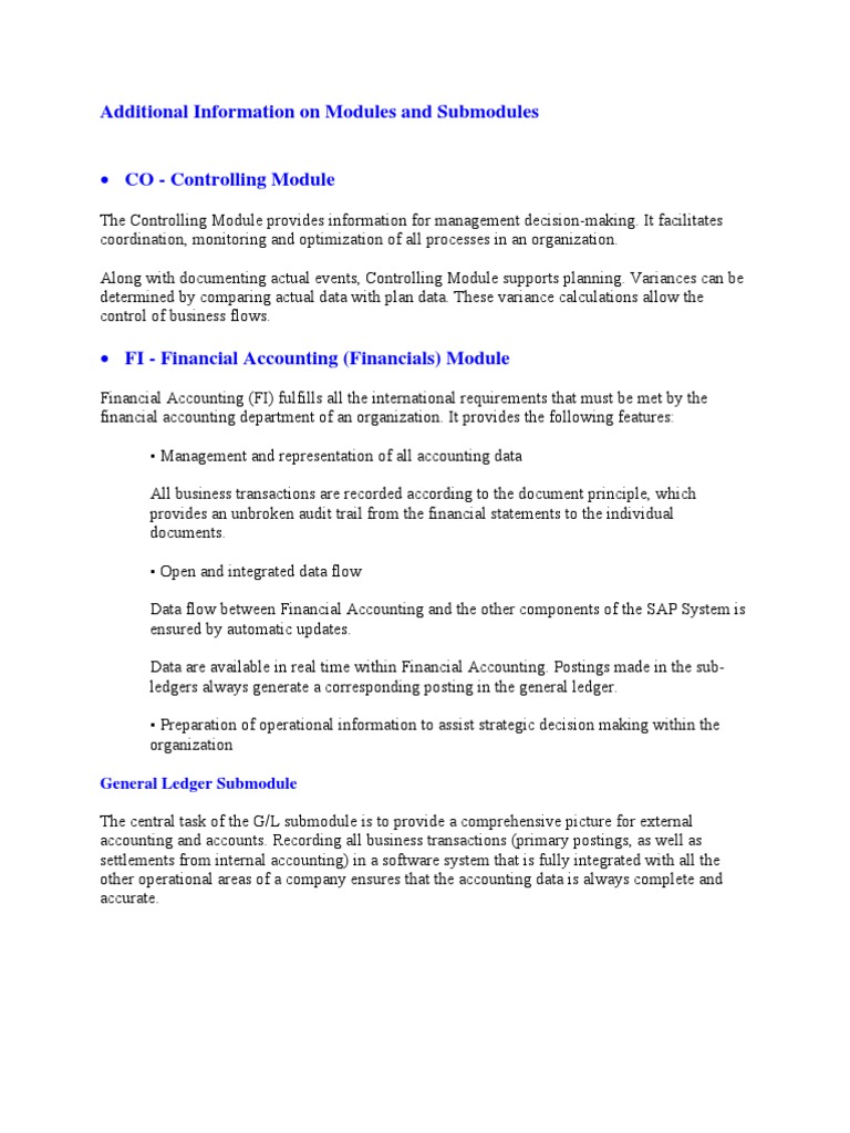 SAP FICO Additional Information On Modules and Submodules | PDF ...