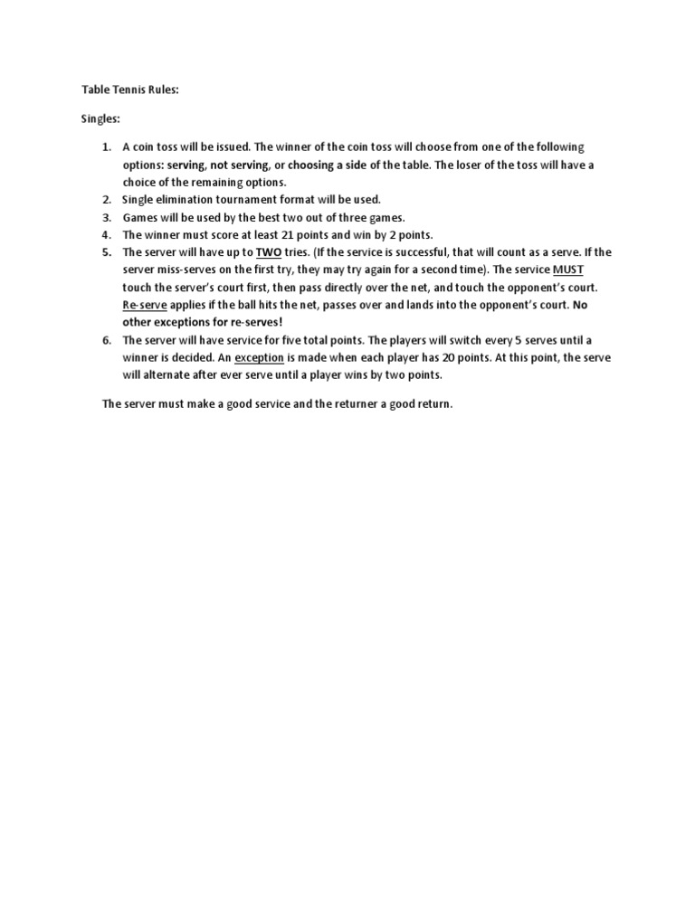 Singles Table Tennis Rules | PDF