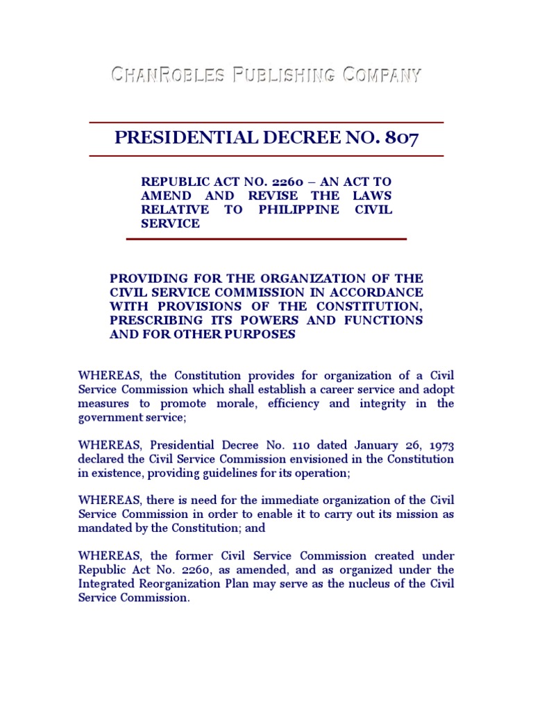 Presidential Decree No. 807, Civil Service Decree of The Philippines ...