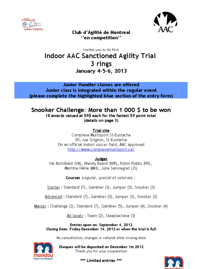 Indoor AAC Sanctioned Agility Trial 3 Rings: Snooker Challenge: More ...