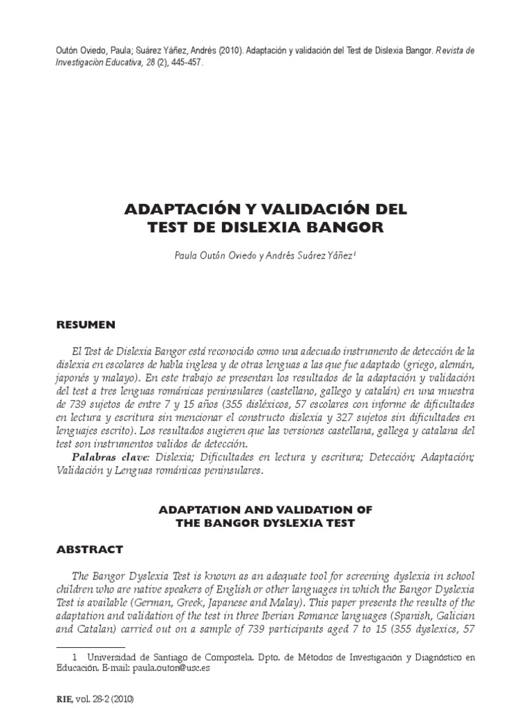 Validación del Test de Dislexia Bangor | PDF | Aprendizaje | Cognición