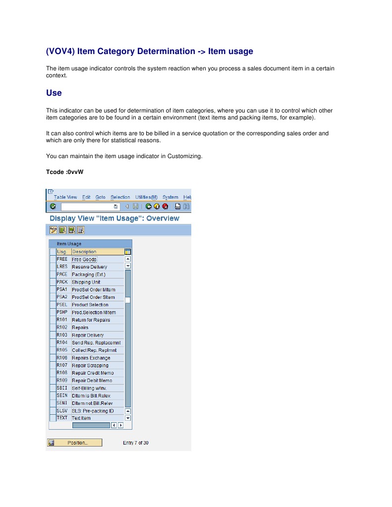 SAP SD Item Category Determination-Item Usage (0vvW) | PDF