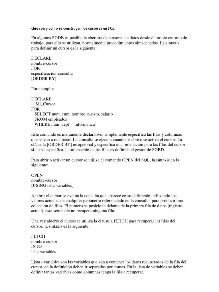 Cursores en SQL: Sintaxis y Ejemplos | PDF | SQL | Servidor SQL de Microsoft