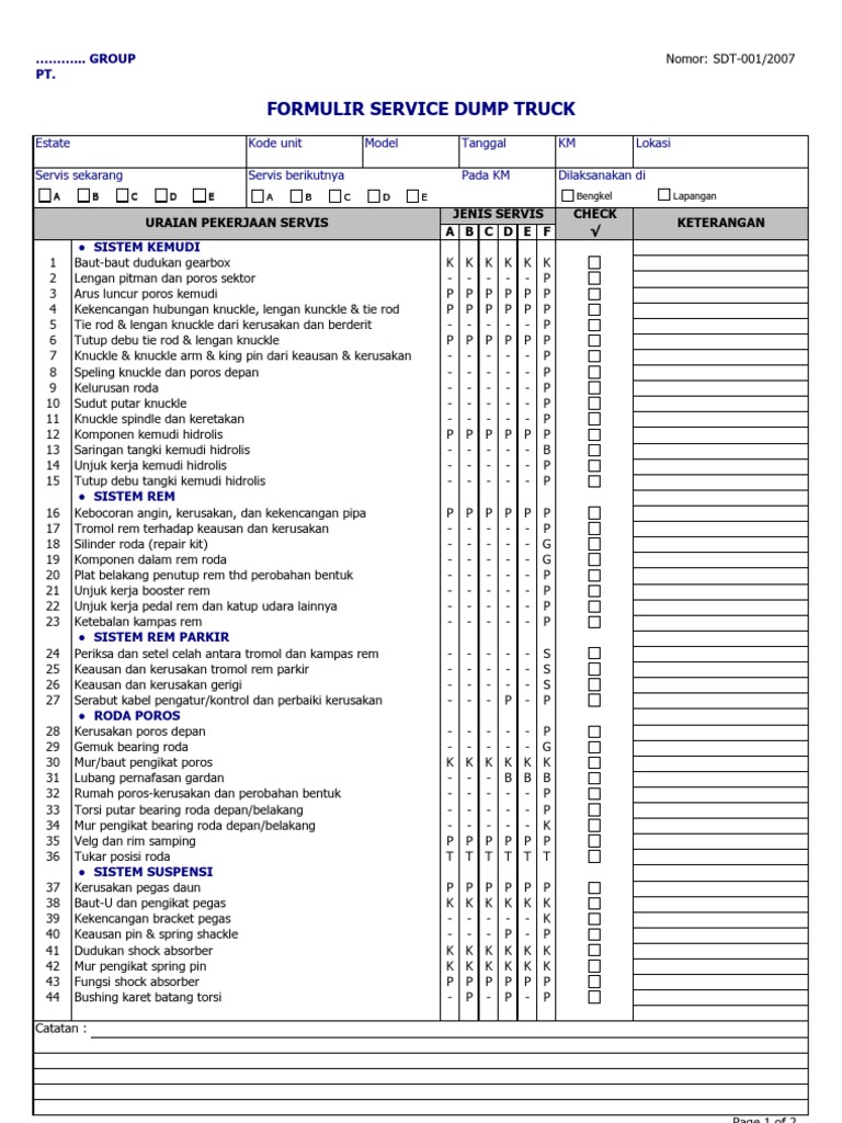 Formulir Service Dump Truck | PDF