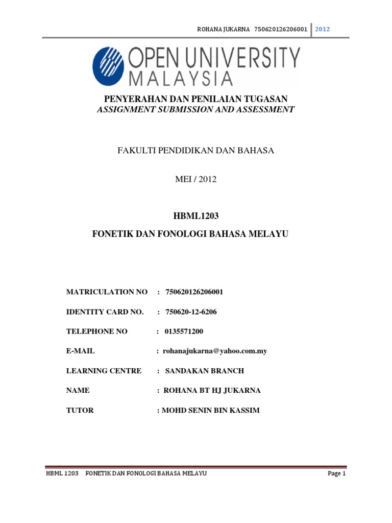 Assignment Hbml1203 Fonetik Dan Fonologi Bahasa Melayu | PDF