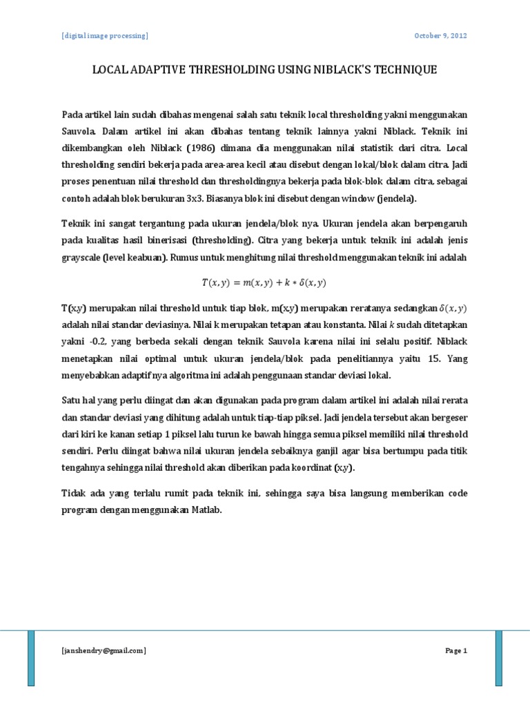 Local Adaptive Thresholding Using Niblack's Technique | PDF