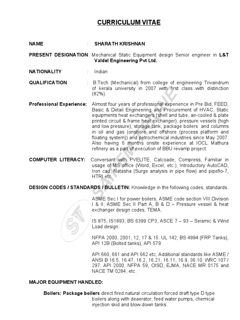 Sharath CV | PDF | Heat Exchanger | Liquefied Petroleum Gas