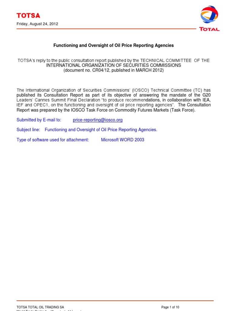 TOTSA (Total Oil Trading SA) IOSCO Trading - Manipulation | PDF ...