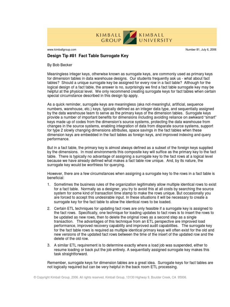 KU81 Fact Table Surrogate Keys | PDF | Information Technology ...