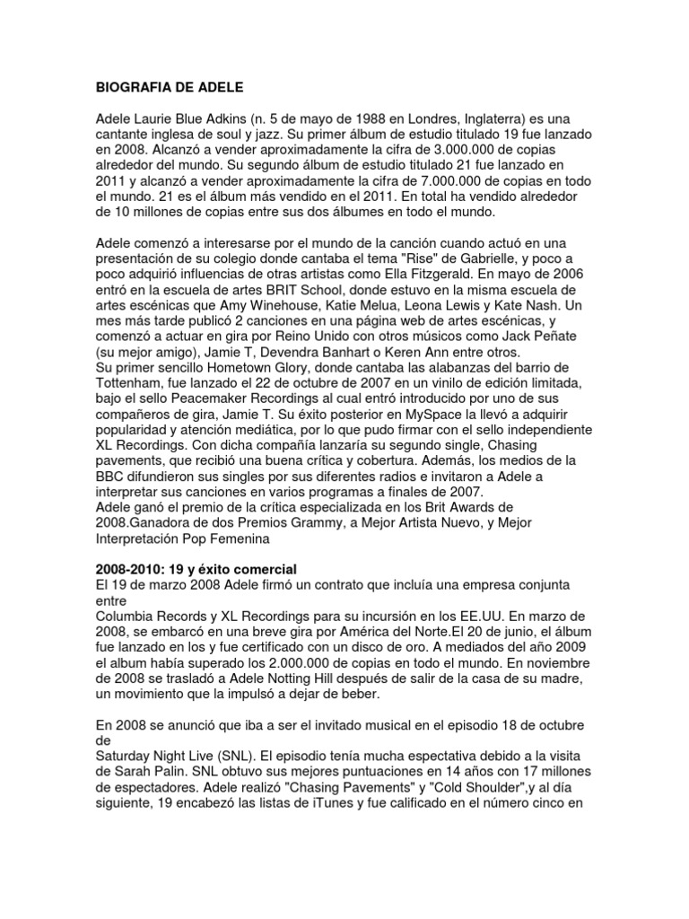Biografía de Adele: Orígenes y Éxitos | PDF | Adele | Música grabada
