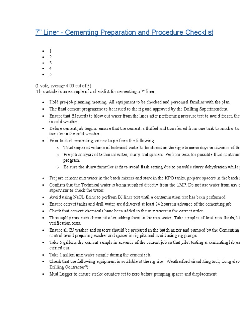 7" Liner - Cementing Preparation and Procedure Checklist | PDF