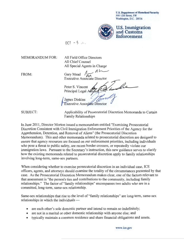 Applicability of Prosecutorial Discretion Memoranda To Certain Family ...