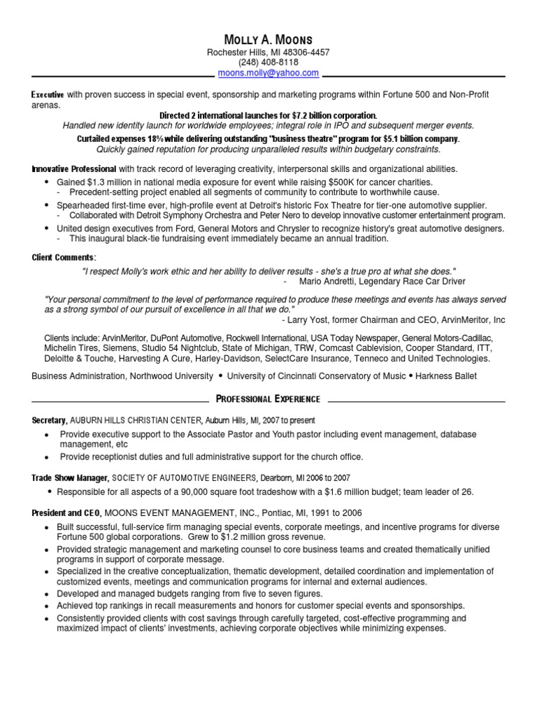 Contract Special Events Planner in Detroit MI Resume Molly Moons | PDF ...