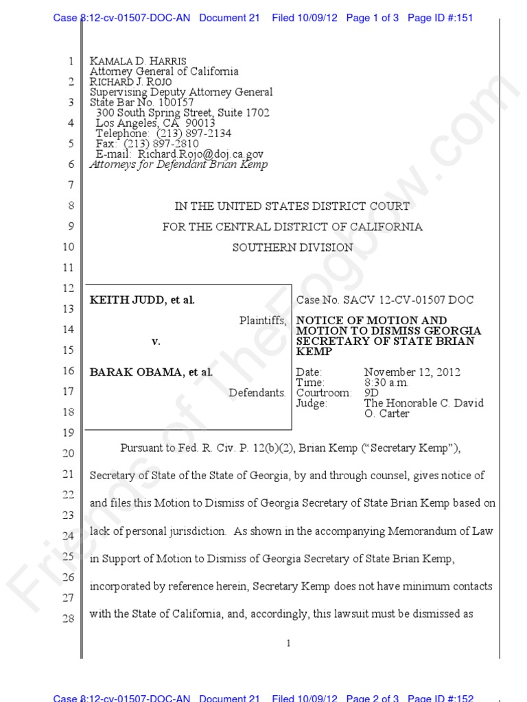 CDCA - Judd - ECF 21 - 2012-10-09 - (GA) Kemp Notice of Motion and Motion To Dismiss | PDF | The ...