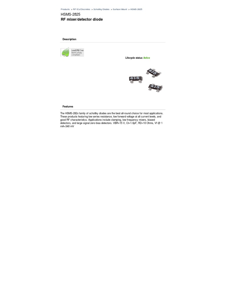 HSMS 2825 TR1G Avago Datasheet 10022522 | PDF | Diode | Detector (Radio)