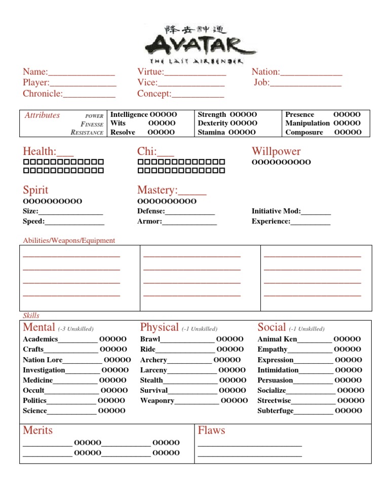 Avatar Char Sheet | PDF | Sports & Recreation
