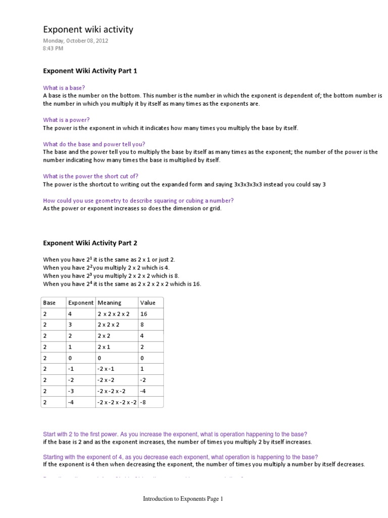 Exponent Wiki Activity | PDF | Exponentiation | Numbers