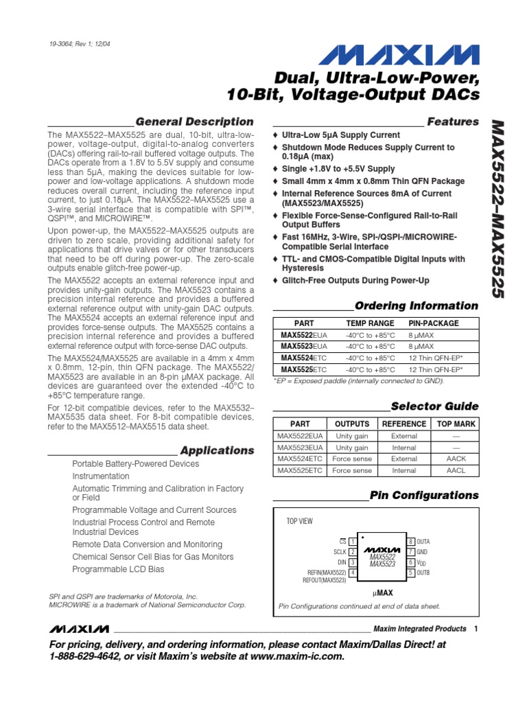 Dual, Ultra-Low-Power, 10-Bit, Voltage-Output Dacs: General Description Features | PDF ...