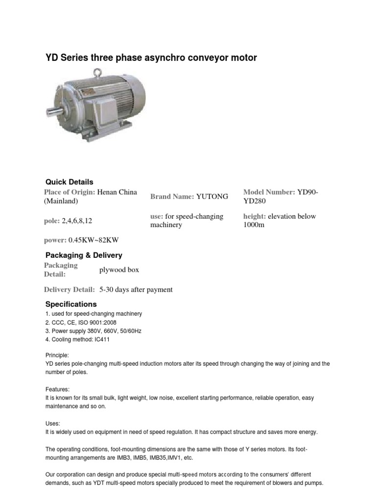 YD Series Three Phase Induction Motors | PDF | Electric Motor | Engines