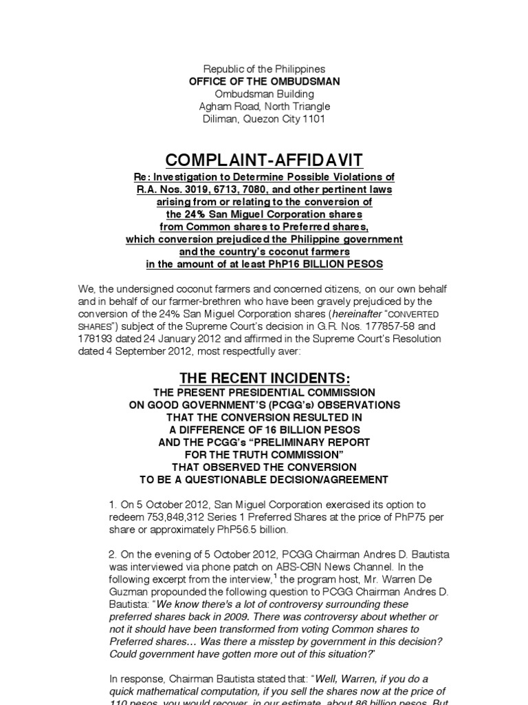 Complaint-Affidavit - Conversion of SMC Shares | PDF | Preferred Stock ...