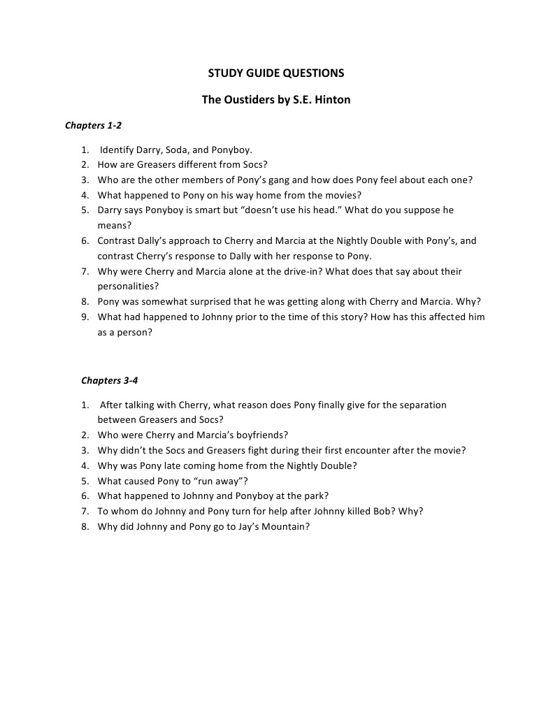 Outsiders Chapters 1-4 Study Guide | PDF