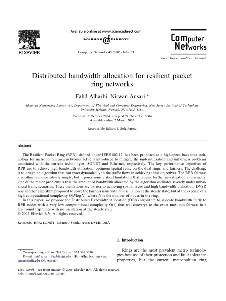 Distributed Bandwidth Allocation For Resilient Packet Ring Networks | PDF | Network Congestion ...
