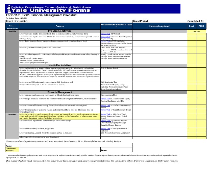 Financial Management Checklist Outlining Key Monthly, Quarterly, and ...