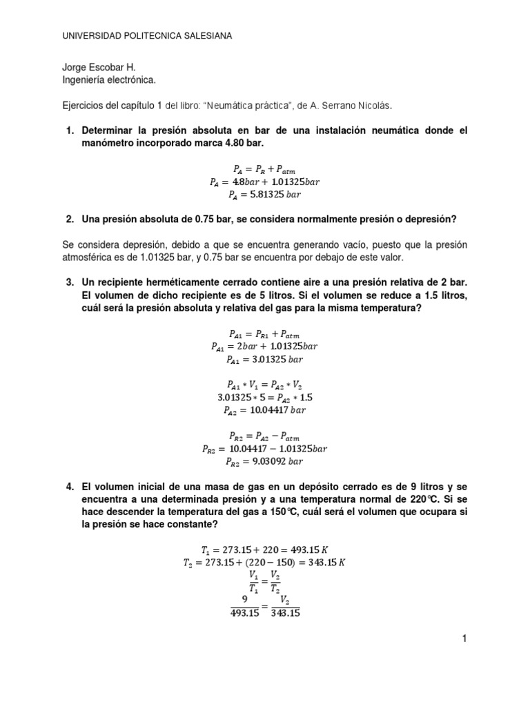 Ejercicios de Neumática | PDF | Presión | Gases