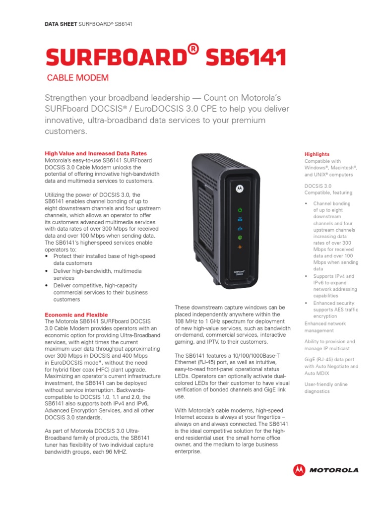 Motorola SURFboard SB6141 Cable Modem Data Sheet | PDF | Networks ...
