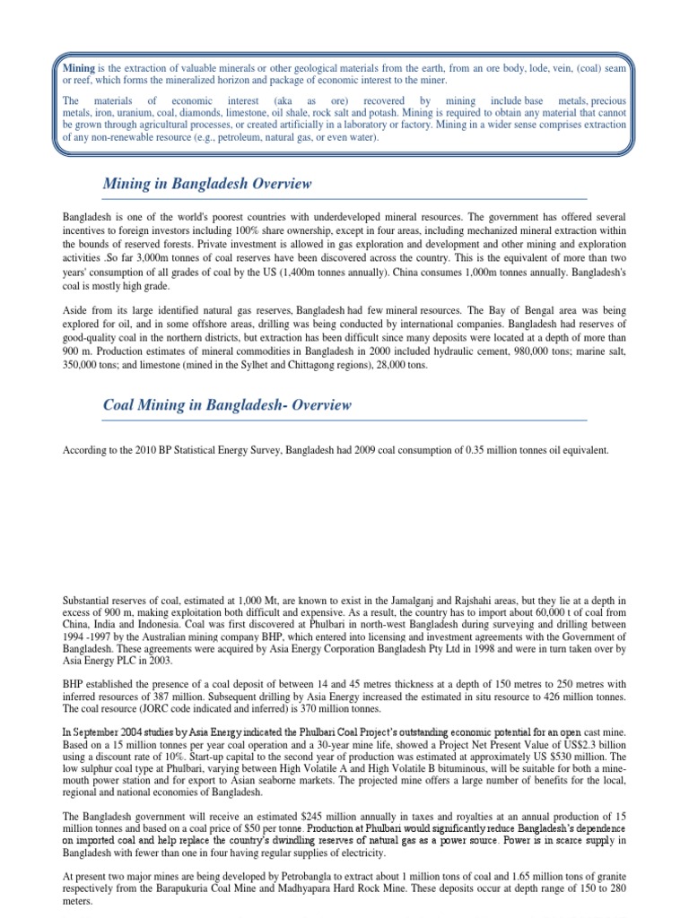 Overview of Mining in Bangladesh Context | PDF | Coal | Mining