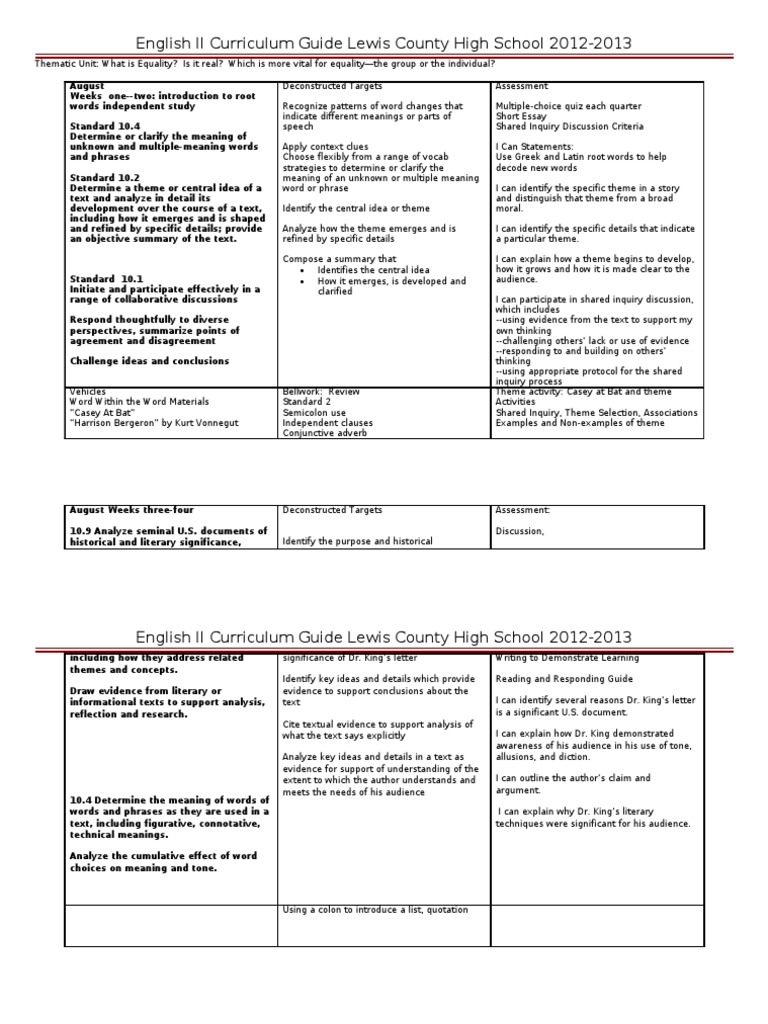 English II Curriculum Guide Lewis County High School 2012-2013 ...