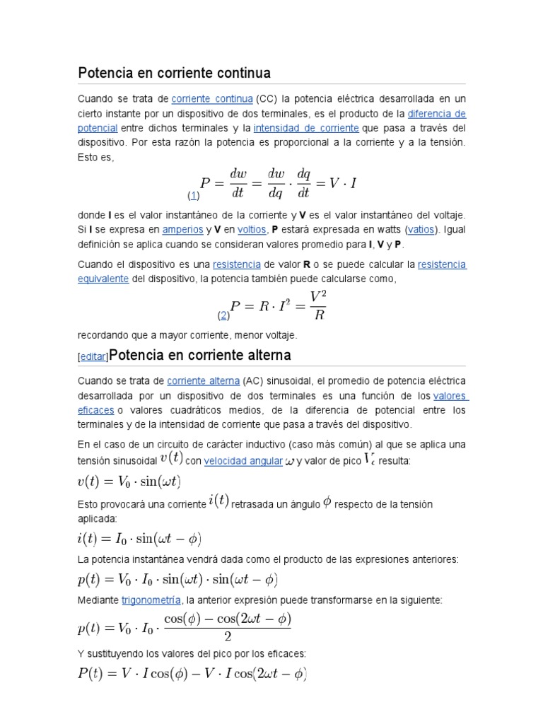 Potencia En Corriente Continua Pdf Energia Electrica Corriente