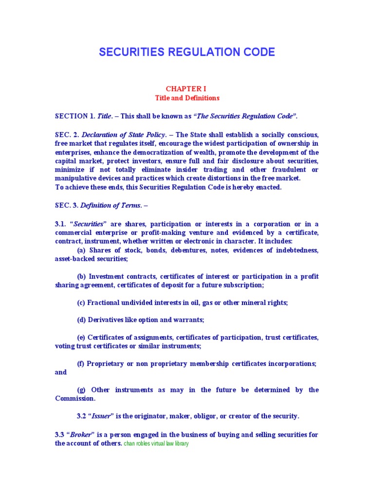 Securities Regulation Code: Title and Definitions | PDF | Business