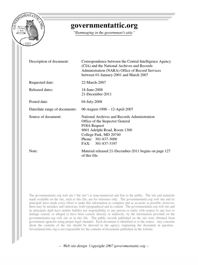 CIA Correspondence with NARA (2001-2007) | PDF | National Archives And ...