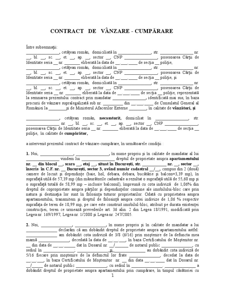 Contract de Vanzare Cumparare - Draft - Apartament - Pret Grila | PDF