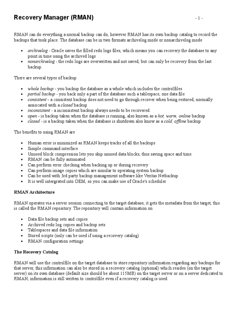 RMAN Cheat SHeet | PDF | Backup | Computer File
