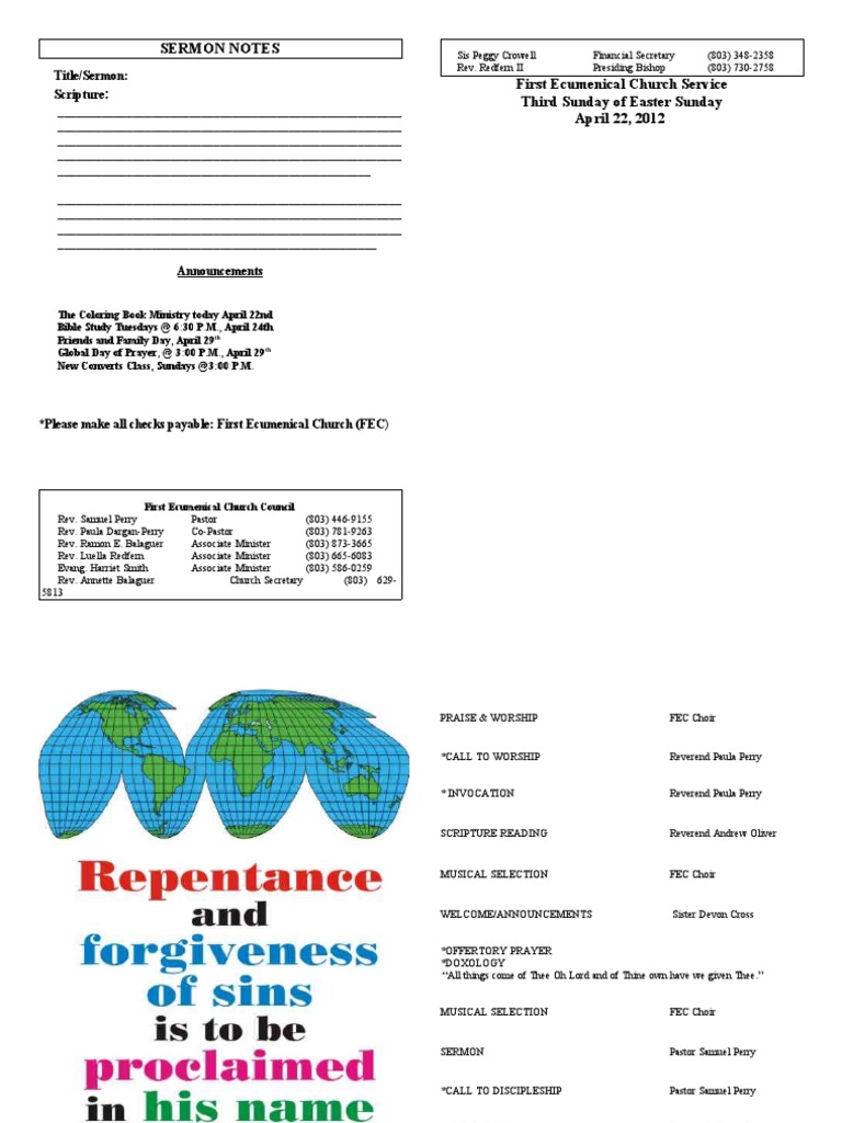 Sermon Notes First Ecumenical Church Service Third Sunday of Easter ...