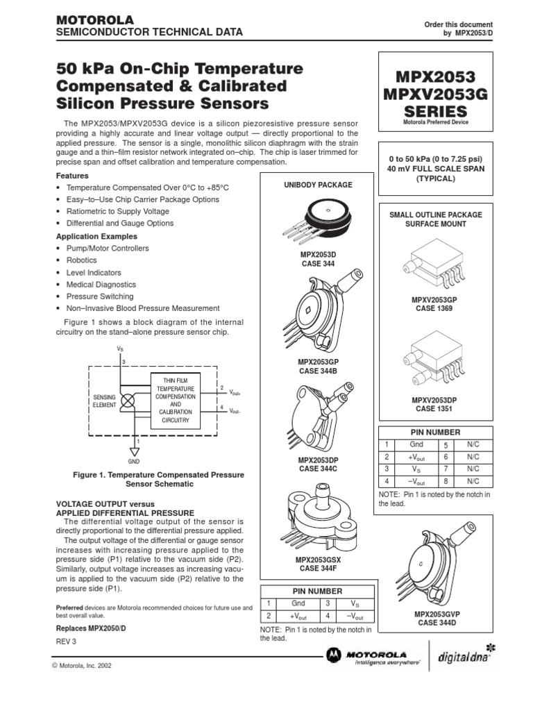 MPX2053 MPXV2053G Datasheet | PDF | Pressure Measurement | Linearity