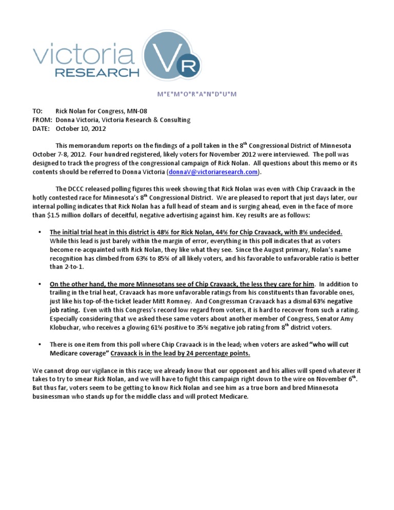 Nolan For Congress Polling Memo 10.11.12 | PDF | Politics Of The United ...