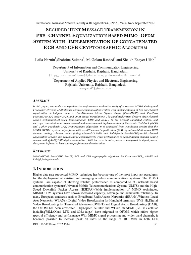 Secured Text Message Transmission in Pre - Channel Equalization Based MIMO - OFDM System With ...