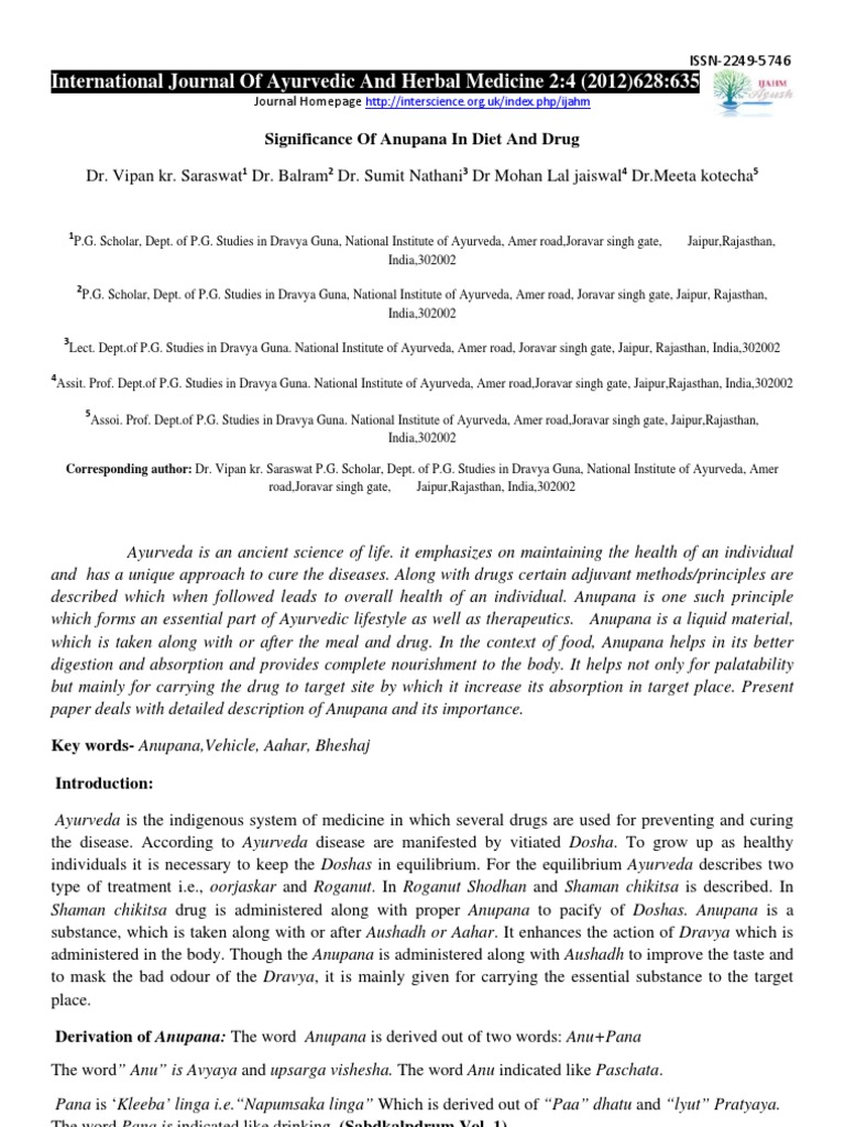 Importance of Anupana in Ayurveda | PDF | Ayurveda | Drugs