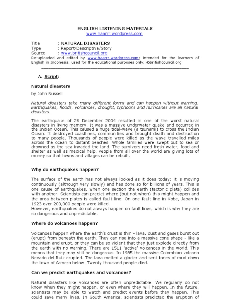 Audio Script and Sample of Exercise Natural Disasters | Natural ...