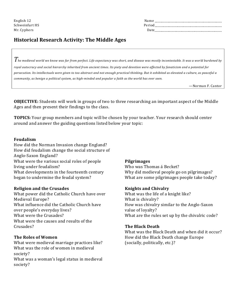 Research Activity - The Middle Ages | PDF | Chivalry | Middle Ages