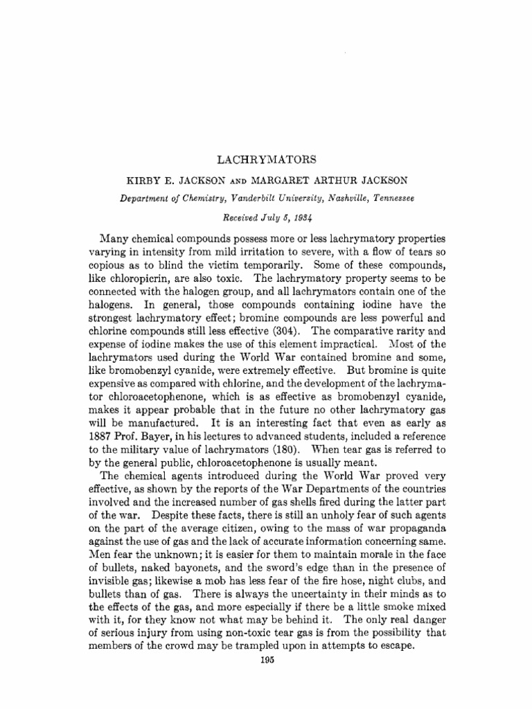 Lachrymators by K. Jackson & M. Jackson 1934 | PDF | Ethanol | Ammonia