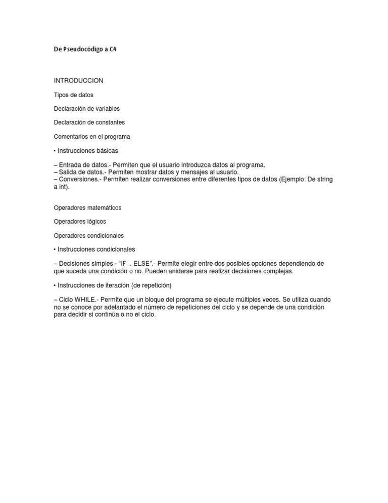 De Pseudocódigo a C#: Guía Básica | PDF
