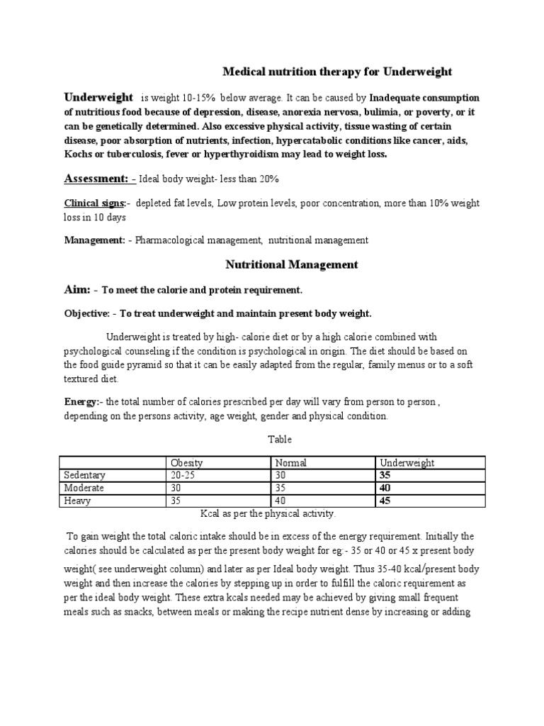Medical Nutrition Therapy For Underweight | PDF | Weight Loss | Nutrition