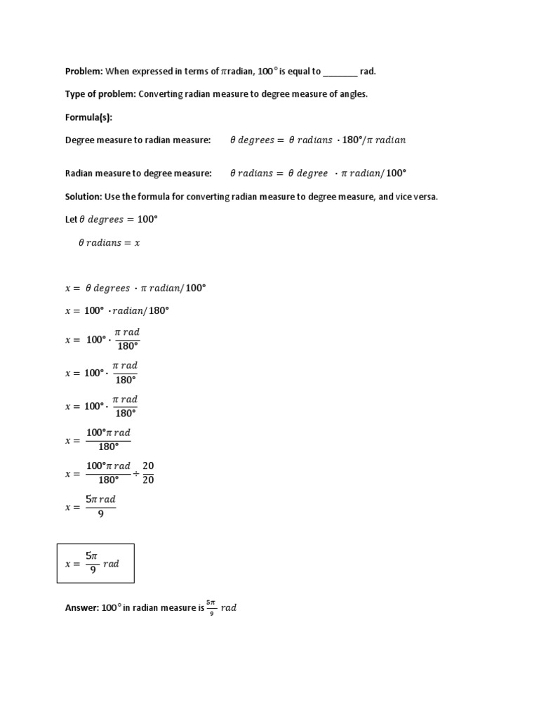 Converting 100° to Radians | PDF | Elementary Geometry | Trigonometry